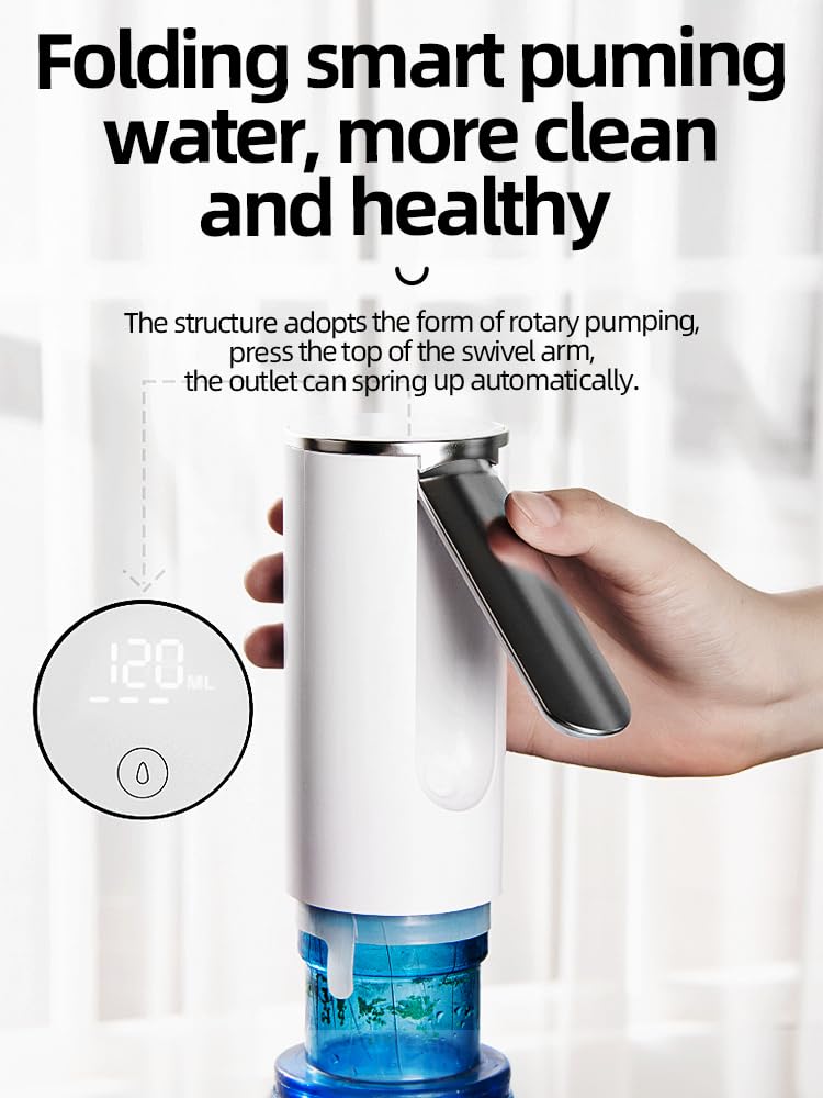 5-Gallon Water Dispenser, Universal Portable Water Bottle Pump, USB Charging and Foldable Storage, Suitable for Home Use,Camping, Office, Garage, Etc. (White)