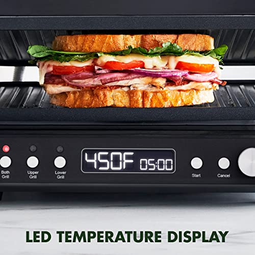 GreenPan 6-in-1 Multi-Function Contact Grill & Griddle, Healthy Ceramic Nonstick Aluminum, Two Sets of Grill & Waffle Plates, Adjustable Shade & Shear, Closed Press/Open Flat Surface, Matte Black
