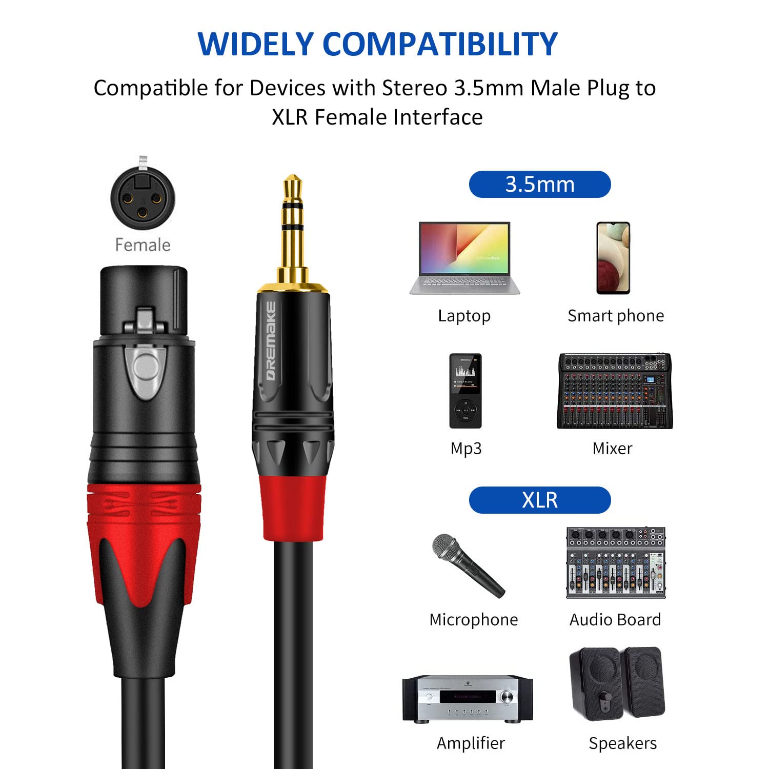 DREMAKE Female XLR to Jack 3.5mm Stereo Audio Cable, 6FT 3.5mm to XLR Unbalanced Cable, XLR to 1/8'' 3.5mm Extension Microphone Cable, Male 3.5mm to Stereo XLR 3-Pin Female Patch Cord for PCs, Phones
