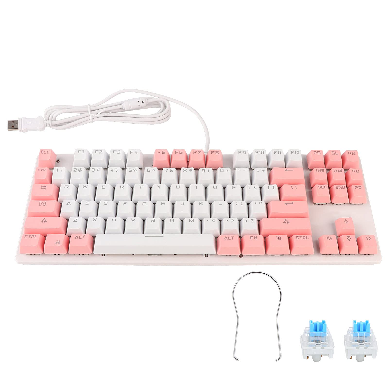 ASHATA Mechanical Keyboard 87 Keys, Cute USB Gaming Keyboard, Small Backlight Keyboard, Blue Switch Mixed Light Mechanical Keyboard for PC Laptop Desktop (Pink White)
