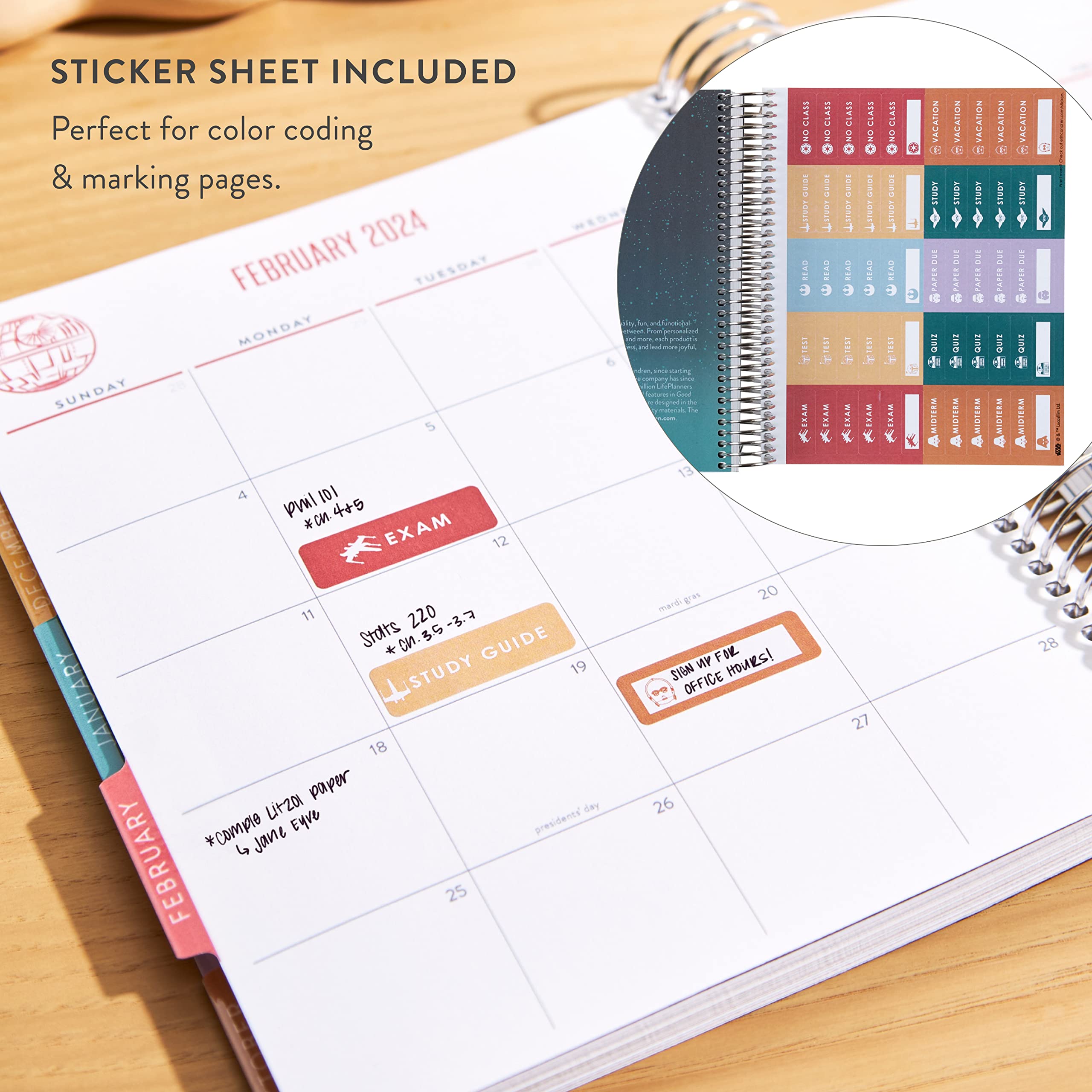 7" x 9" Academic 12 Month Planner Spiral Bound (August 2023 - July 2024) - Boba Fett Moss Vegan Leather Cover + Star Wars Theme. Pages for Class Schedule, Notes, Projects & Exams by Erin Condren