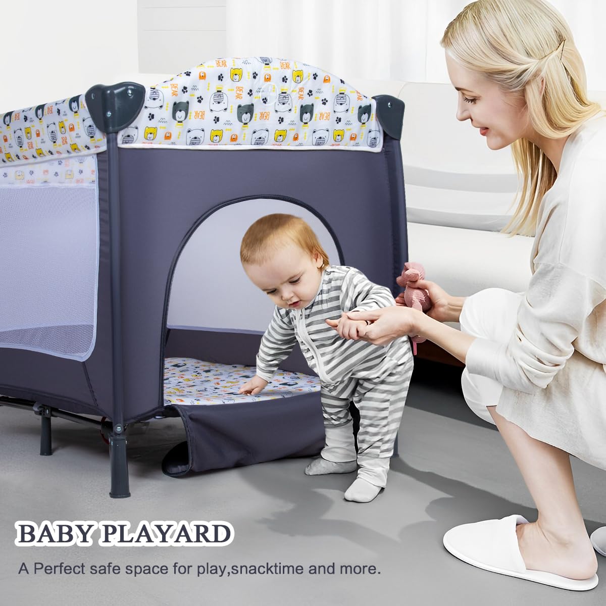 ANNA QUEEN 4 in 1 Pack and Play,Portable Baby Nursery Center Baby Playard, Foldable Baby Crib with Changing Table & Wheels,Removable Canopy with Toys,Storage Bag (Grey)