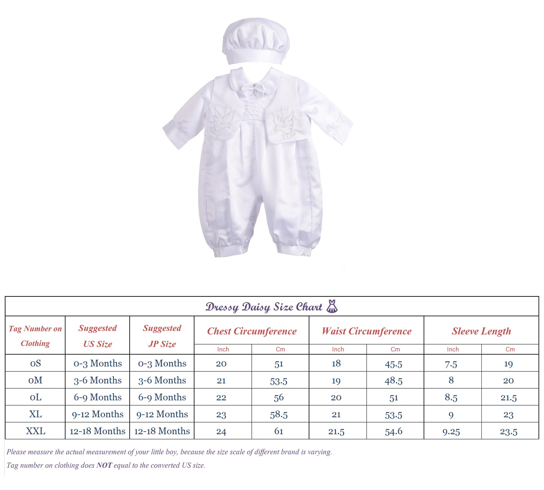 Dressy Daisy Infant Baby Boy Christening Baptism Outfit Satin Romper Bodysuit Set with Bonnet Hat Size 0-3 Months, White
