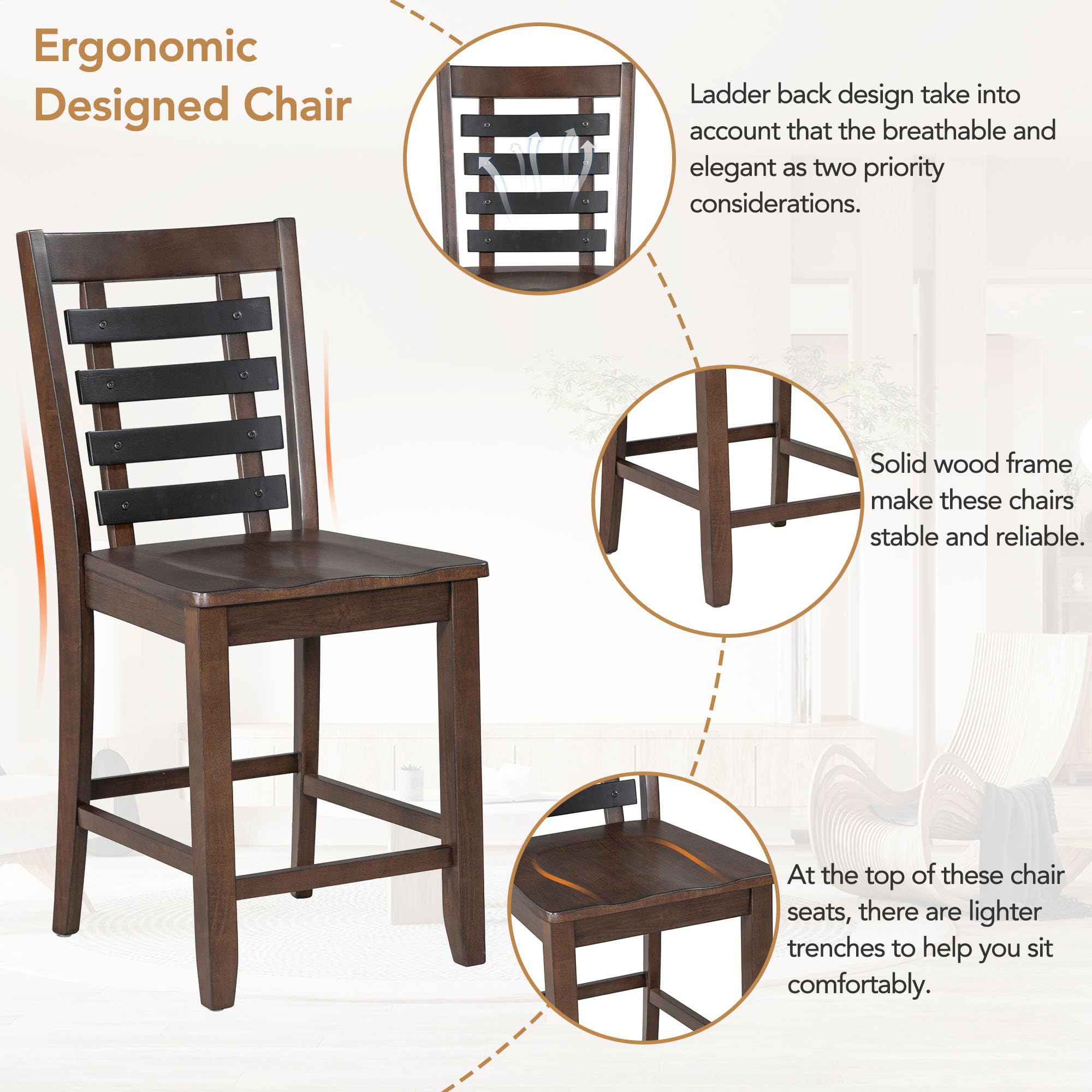 5-Piece Rectangular Dining Table Set with 4 Ergonomic Ladder Back Chairs, Side Cabinet for Storage and Faux Marble Tabletop, Kitchen Furniture w/ Lighter Trenches At Seat Top, for Family, Dark Walnut