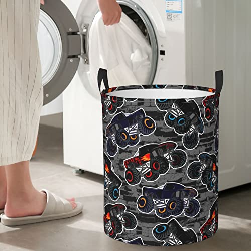 Gbuzozie Monster Truck Boys Style Round Laundry Hamper Storage Basket Toys Clothes Organizer Bin For Home Bathroom Bedroom Dorm Nursery, 38l