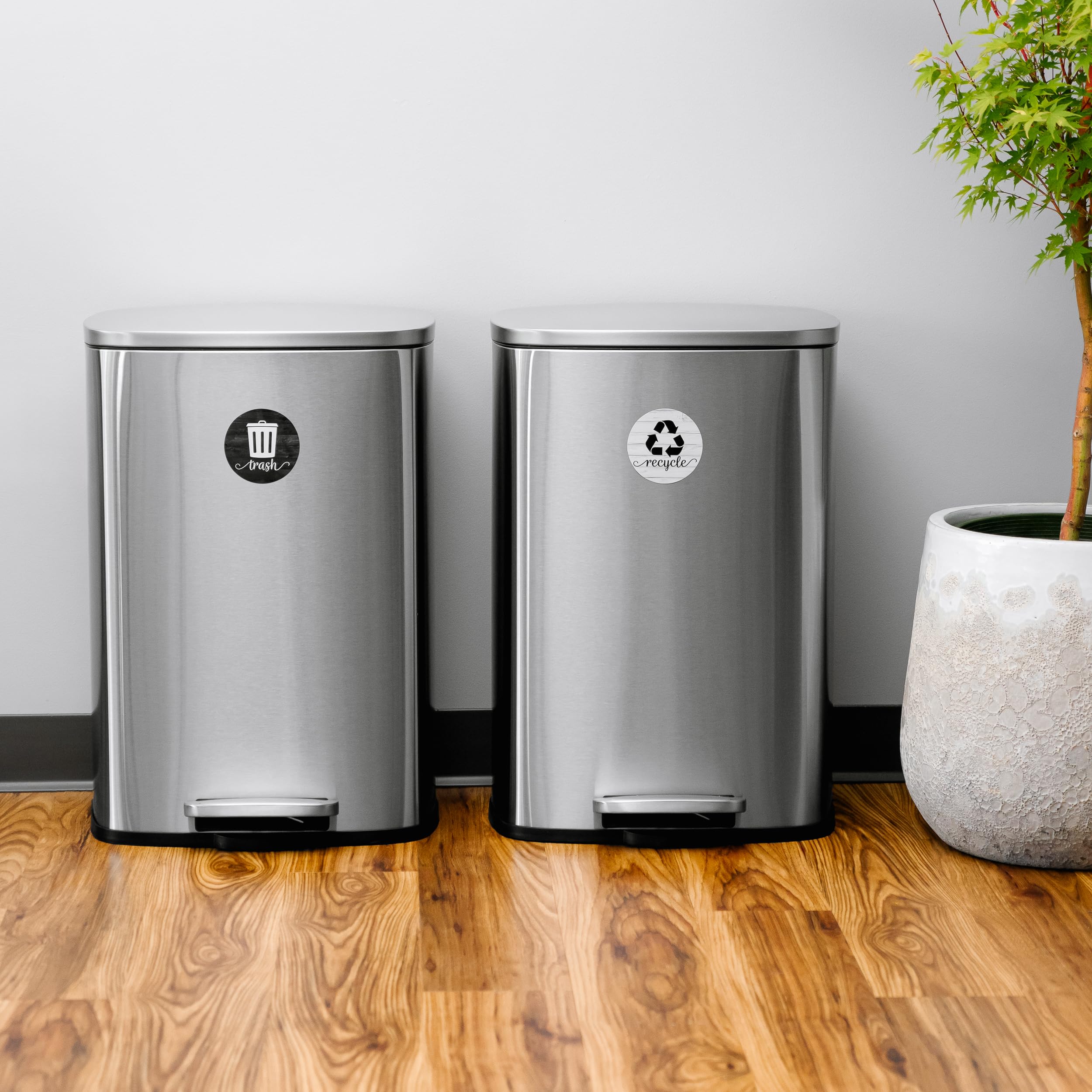 Rustic Trash Recycle Magnets for Kitchen Trash Can and Recycle Bin, Farmhouse Garbage Can Logo Symbol Magnet, 3.5 Inch Recycle Magnet for Trash Can with 4 Adhesives, Made in USA, Combo Wood