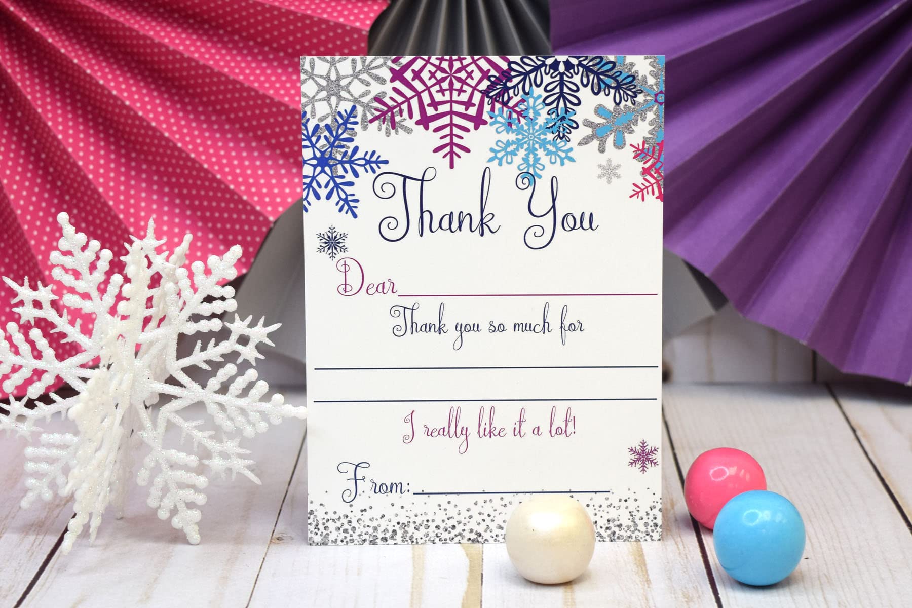 Winter Snowflake Birthday Thank You Notes, Ten 4" x 5.5" Fill In The Blank Cards with 10 White Envelopes by AmandaCreation
