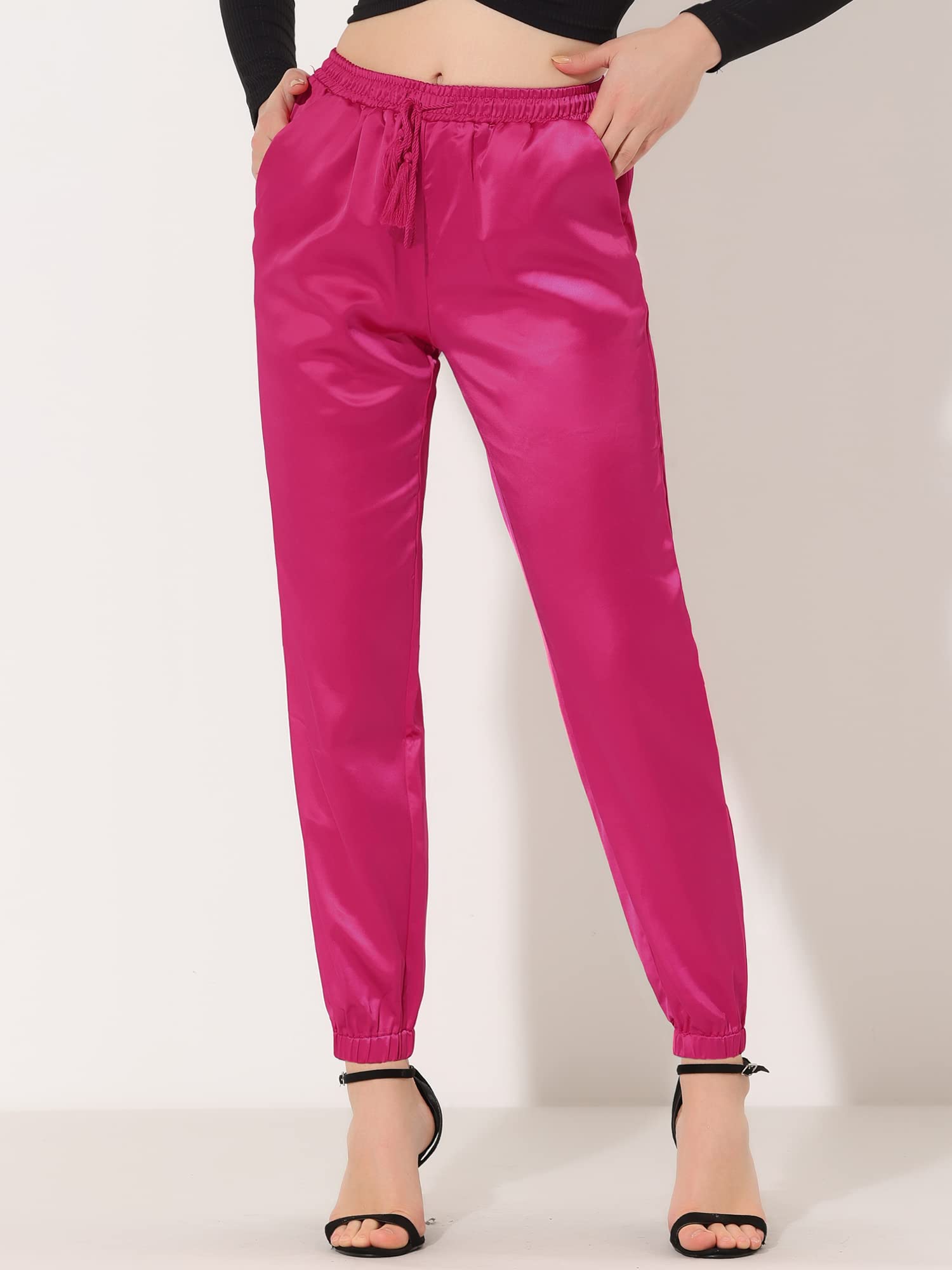 Allegra K Women's Drawstring Elastic Waist Athleisure Pants Ankle Length Satin Joggers with Pocket Large Hot Pink