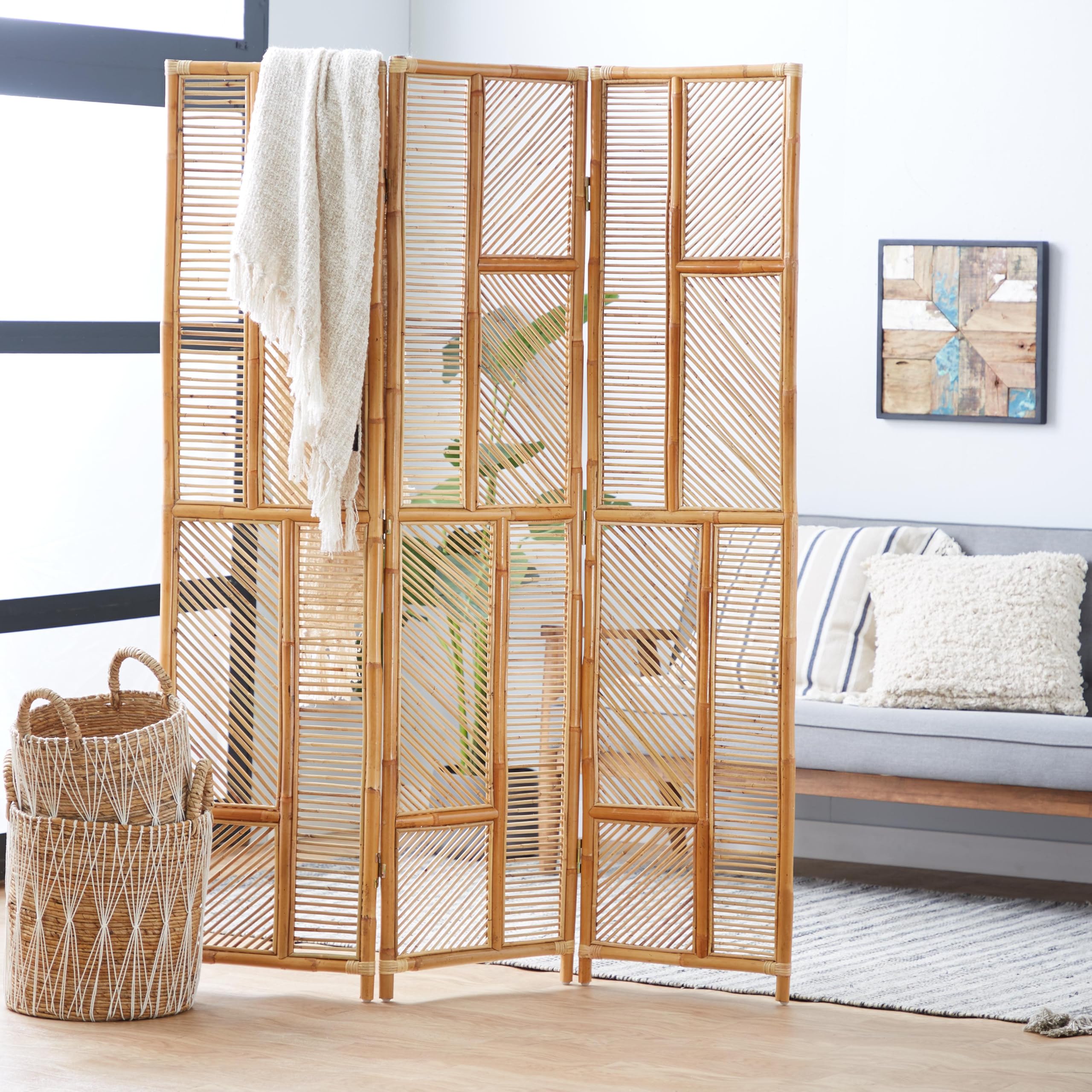 Deco 79 Wood Geometric Partition Room Divider Screen Hinged Foldable Partition 3 Panel Privacy Screen, Room Partition 52" x 1" x 71", Brown