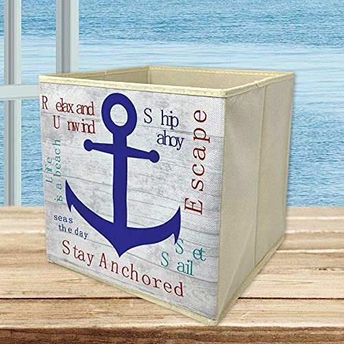 Nautical Anchor Collapsible Storage Box Beach Themed Home Organizer Folding Polyester Toy and Craft Container 12" x 12" x 12'