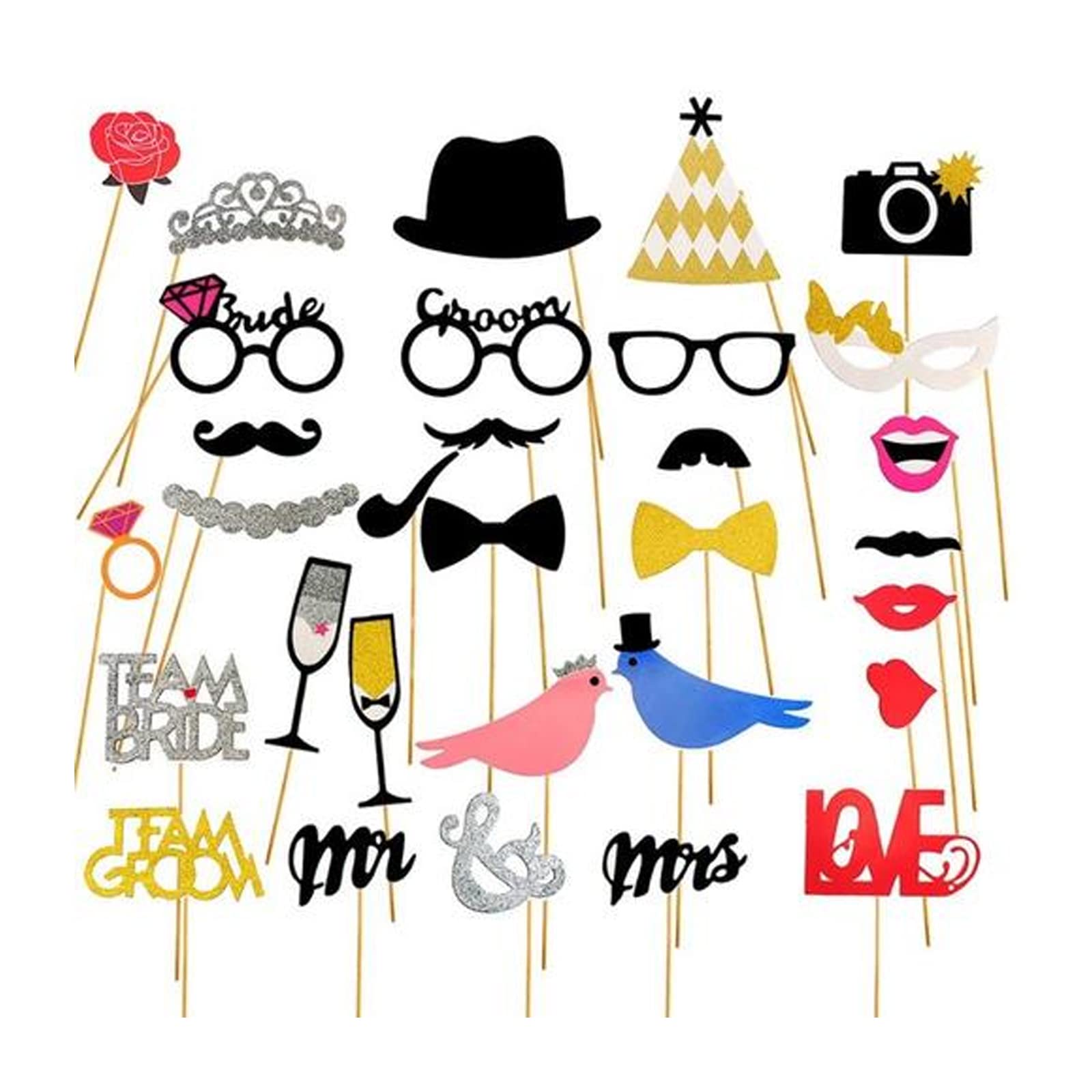 Andiker Photo Booth Props Wedding, 31 Pcs Funny Photo Booth Accessories with Wooden Stick, Shinny Photo Booth Accessories for Bridal Shower, Party and Valentine Include Tie, Hat, Mustaches