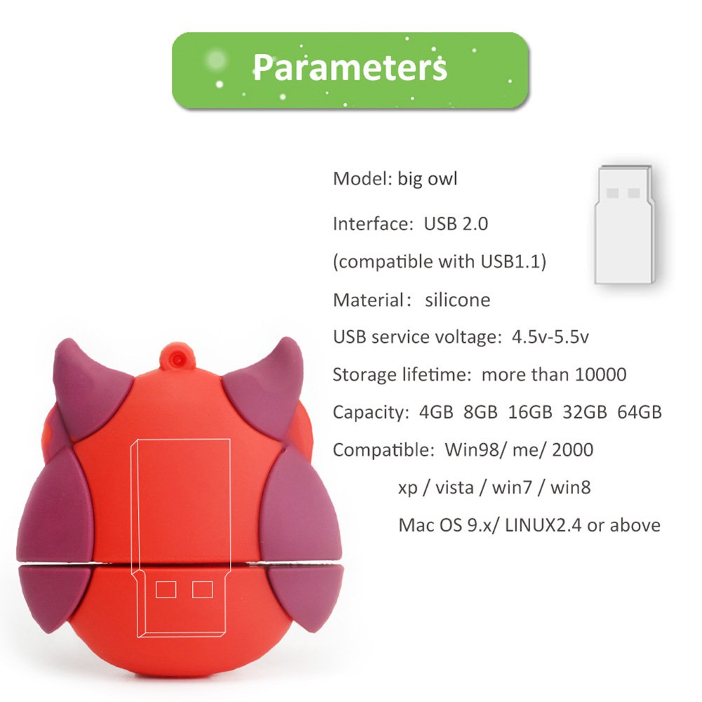 LEIZHAN 5X8GB Cute Animals USB Flash Drive with Chain Bee Fox Owls Penguin Pen Drive Gifts for School Kids and Students Valentine's Day Gift (Pack of 5 Animals)