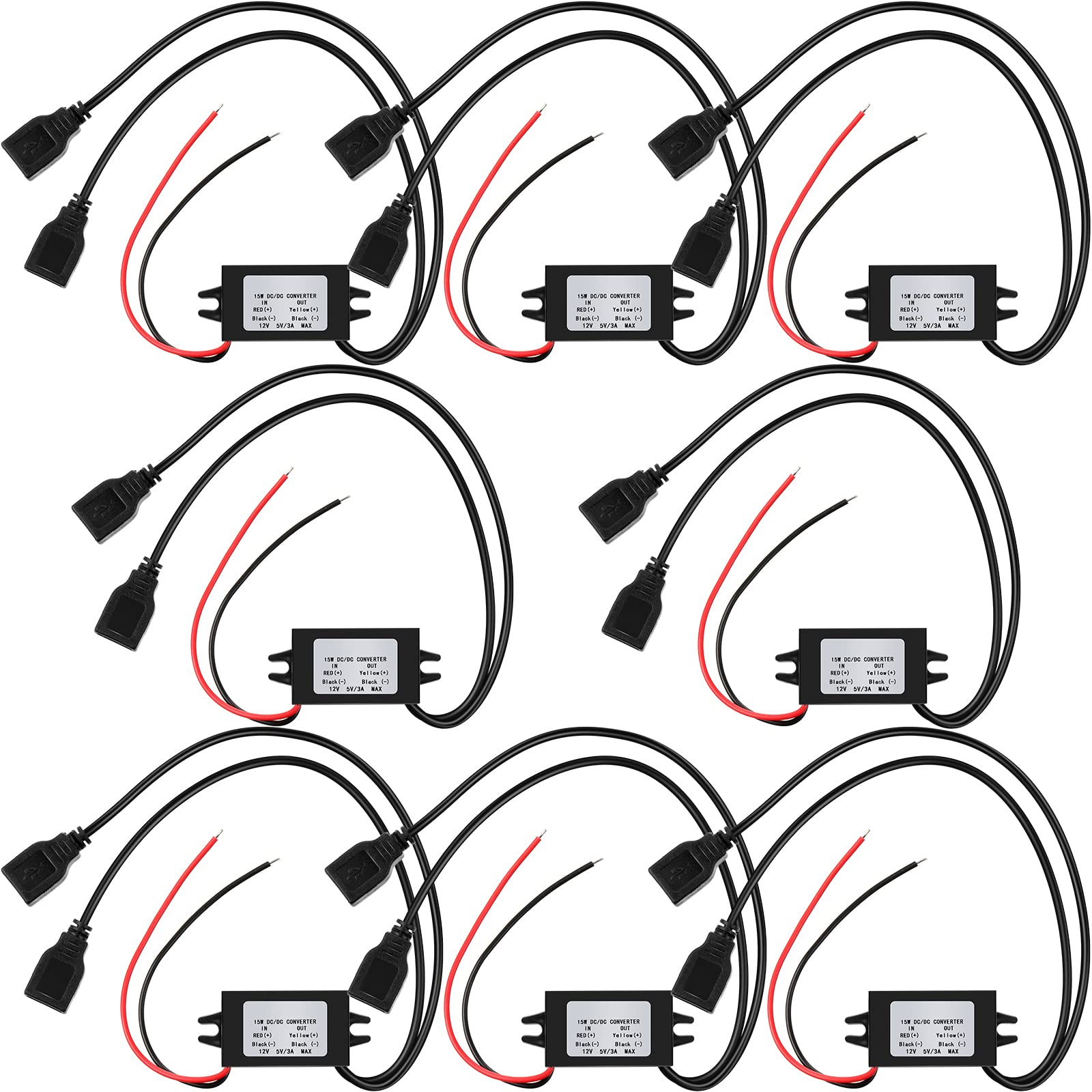 8 Pcs Pieces DC Converter 12V to 5V 3A 15W DC Buck Converter Module, DC to DC Reduced Voltage Regulator Car Power Converter Output Power Adapter, Double USB Interface