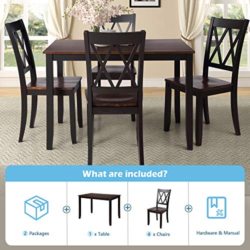 BEDGJH 5-Piece Wood Dining Table Set, Kitchen & Dining Room Furniture-1 Solid Wood Round Table w/ 4 Cross Back Chairs for Breakfast Lunch Dinner Living Space (Black+Cherry)