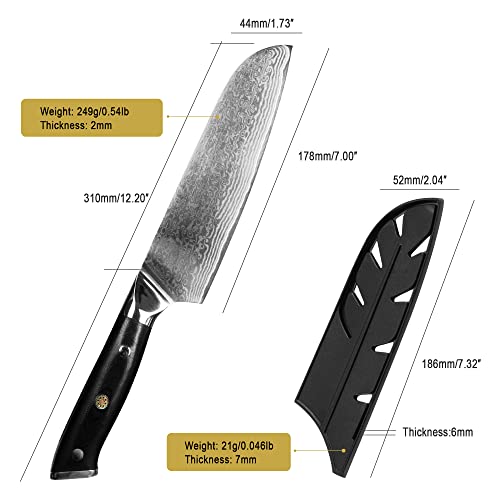 XYJ Professional Damascus Chef Knife VG10 High Carbon Stainless Damascus Steel Knife Ergonomic G10 Handle Razor Sharp 7" Japanese Santoku Knife with Knife Sheath & Gift Box