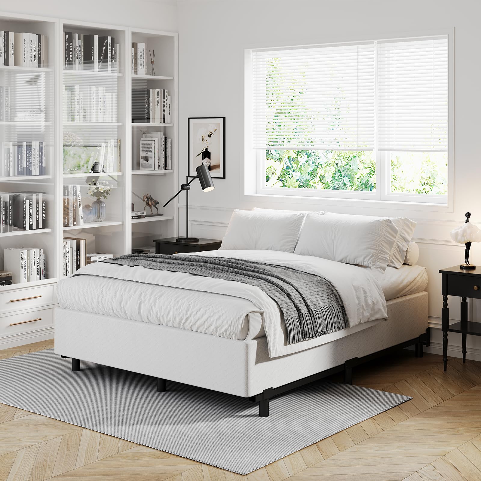Askeld Bed Frame Queen Size, 4 Inch Metal Queen Box Spring with Fabric Cover, Heavy Duty Platform Frame Low to Floor, 3500 Lbs Weight Capacity Mattress Base, Easy Assembly, Black