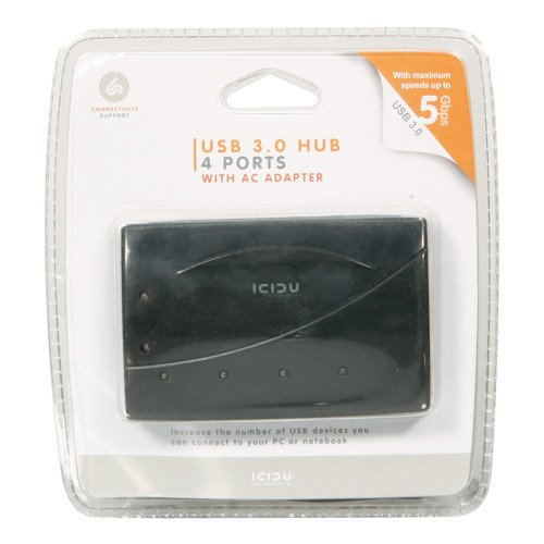 ICIDU 4 Port 5V/3.5A AC USB 3.0 Hub - Black