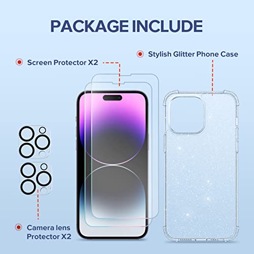 BERFY for iPhone 14 Pro Case Glitter Clear, with 2X Screen Protector + 2X Camera Lens Protector, [Non-Yellowing] [Military Grade Protection] Cute Bling Shockproof Phone Case 6.1 Inch, Shiny Clear