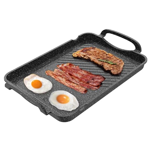 Bazova Nonstick Stove Top Griddle/Grill,16.5"x12.0", Double Burner Granite Griddle Pan,Cast Aluminum Induction Pancake Breakfast Maker, Light-Weight Flat Top Grilling Plate for Gas Grill Camping & BBQ