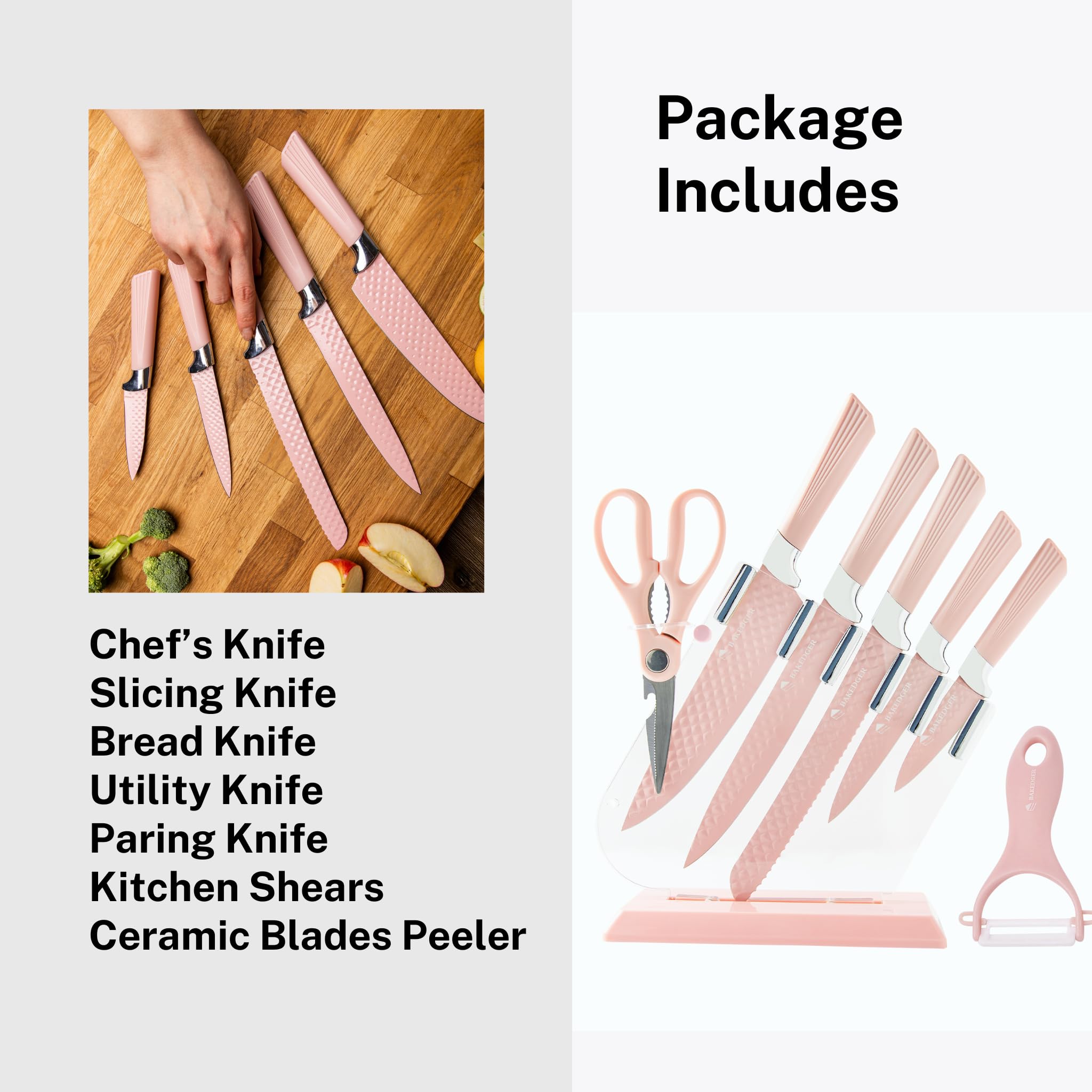 Bakedger 7 pieces knives set, ultra sharp, attractive design, chef knife, slicing knife, bread knife,utility knife paring and shears, scissors, peeler, stylish design, Pink