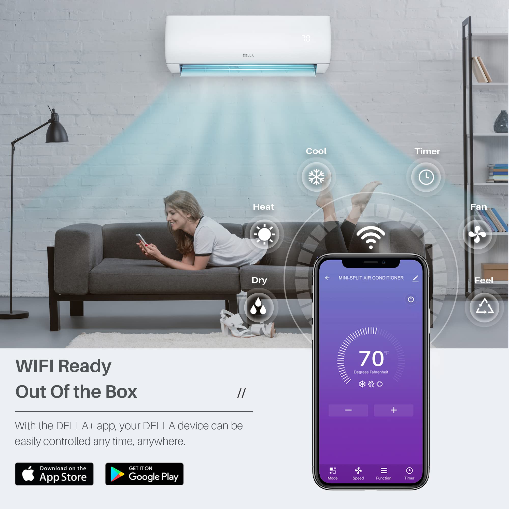 DELLA Motto Series 12000 BTU Wifi Enabled Mini Split Air Conditioner & Heater Ductless Inverter System, 17 SEER, 9 HSPF 208-230V Energy Efficient Unit with 1 Ton Heat Pump, Cools Up to 550 Sq. Ft.