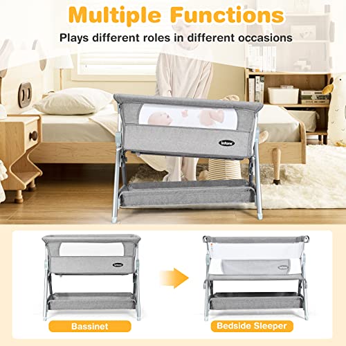 INFANS Baby Bassinet Bedside Crib, Newborn Sleeper w/Large Storage Basket, Adjustable Heights & Angle, Detachable &Washable Mattress, Breathable Mesh, Straps, Easy Moving Bed Side, Dark Grey