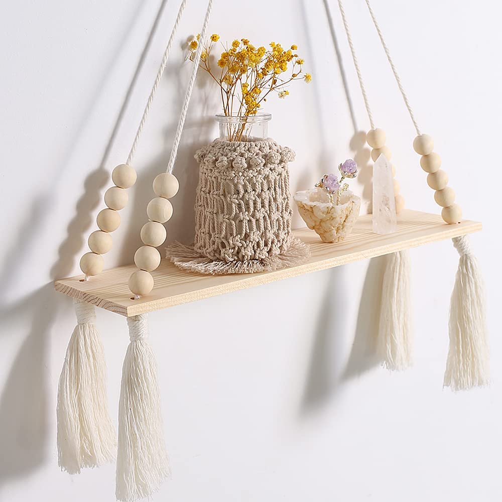 Artilady 2 Pack Wooden Wall Hanging Shelves - Macrame Hanging Plant Shelf with Tassel,Boho Storage Floating Shelves Handmade Rustic Hanger Planter Rack Pot Stand Holder (2 Tassel)