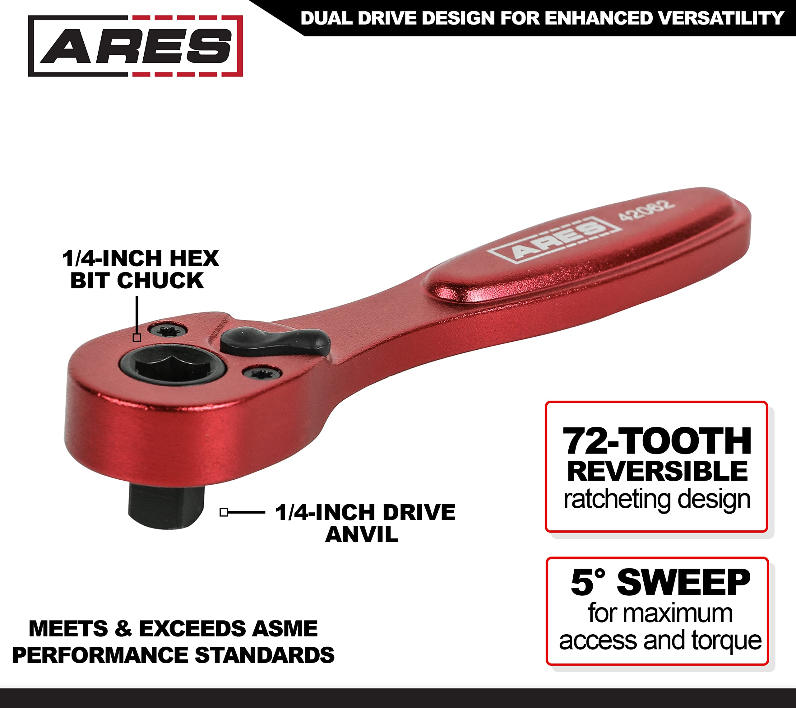 ARES 42062 – Dual Drive 1/4-Inch Drive and 1/4-Inch Bit 72-Tooth Micro Ratchet – 72-Tooth Fine Tooth Gear – Compact Size for Tight Spaces – Fits in Pocket