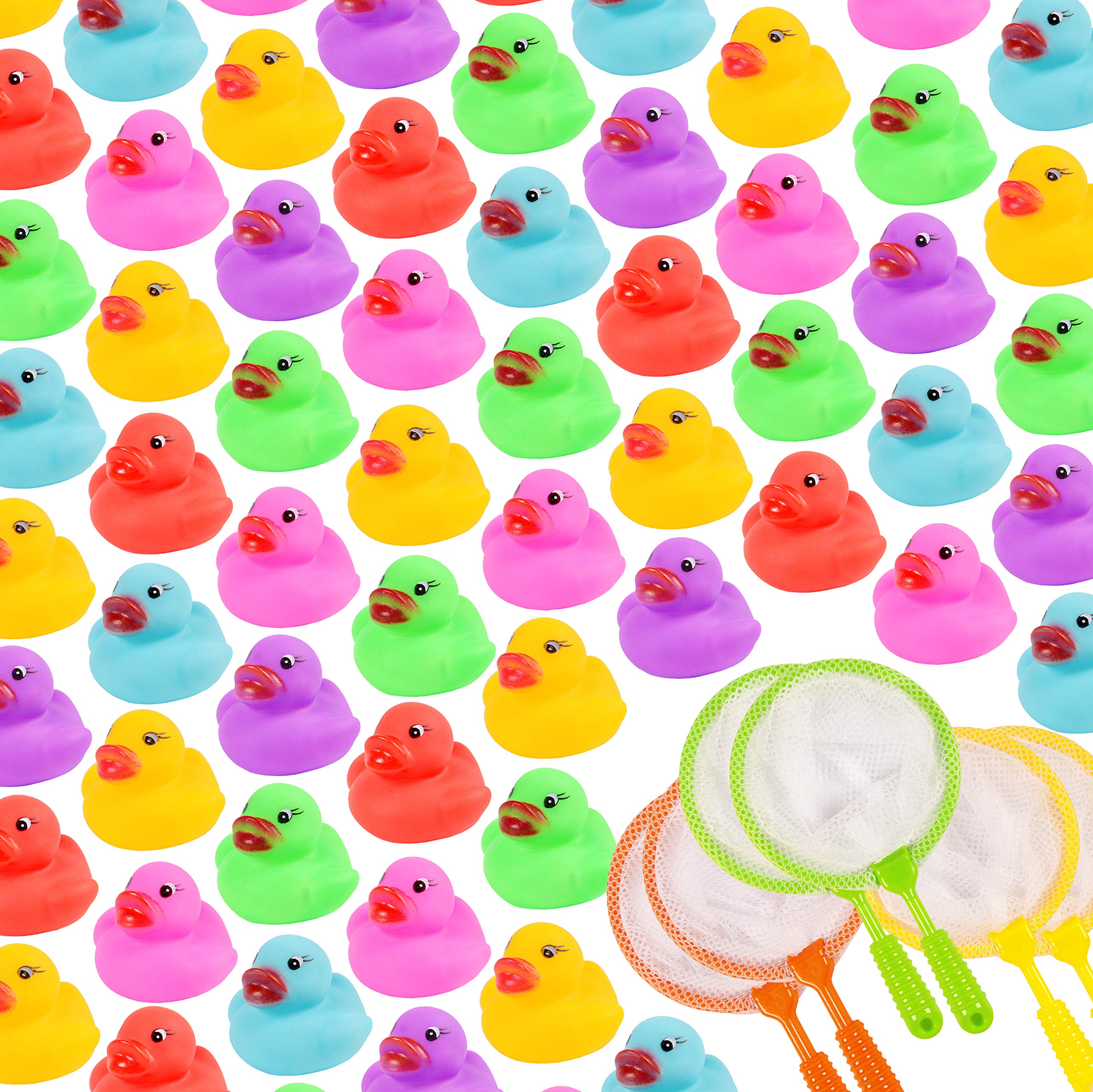 72-Pack Mini Rubber Ducks Set, Mini Colorful Rubber Duckies Bath Toy for Child, Float & Squeak Tiny Ducks Pool Toy Set for Kids Party Favors (66 Ducks+6 Catcher Nets)