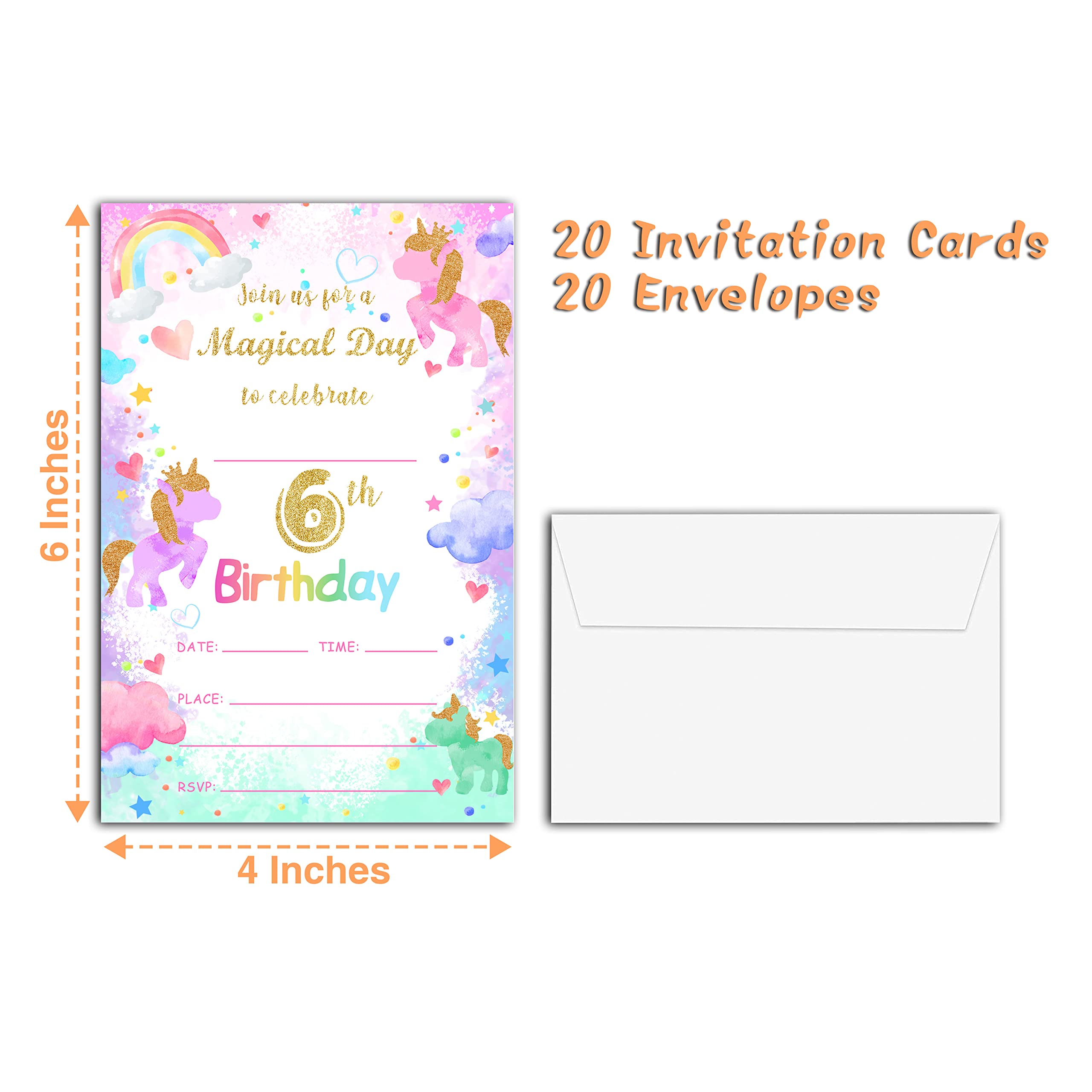 YQV 6th Birthday Party Invitations, 20-Count Magical Day Birthday Party Invites With Envelopes-HBYQK-B11