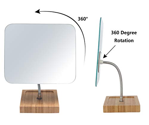 YEAKE Flexible Gooseneck Bamboo Vanity Makeup Mirror,360°Rotation 8" Large Frameless Vanity Mirror Folding Portable Table Desk Mirror with Stand Bathroom Shaving Make Up Mirrors Rectangle