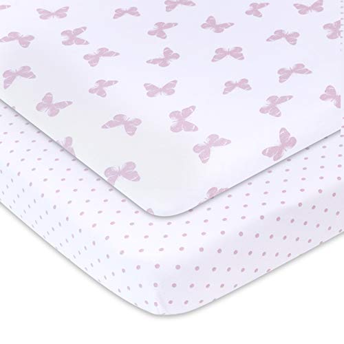 Adrienne Vittadini Bambini Jersey Cotton Pack N Play Sheets 2 Pack Lavendar Butterfly & Dots, Lavender (AVB-0015)