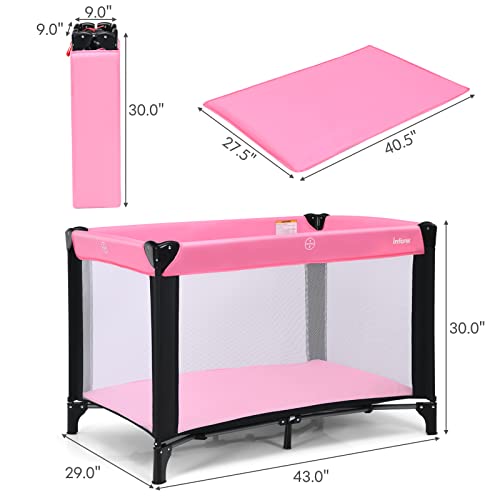 INFANS Pack and Play, Portable Playard with 50pcs Ball Pit Balls Carry Bag, Breathable Mattress, Washable Sheet Cover, Easy Folding Baby Crib Playpen Activity Center (Pink)