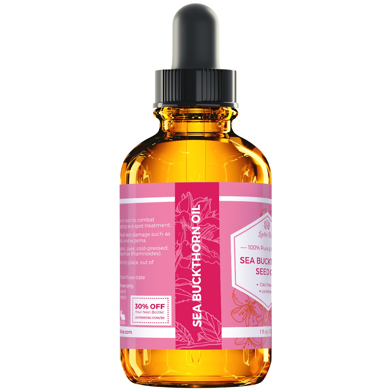 Leven Rose Sea Buckthorn Seed Oil, 100% Pure Unrefined Cold Pressed Anti Aging Acne Treatment for Hair Skin and Nails (1 oz)