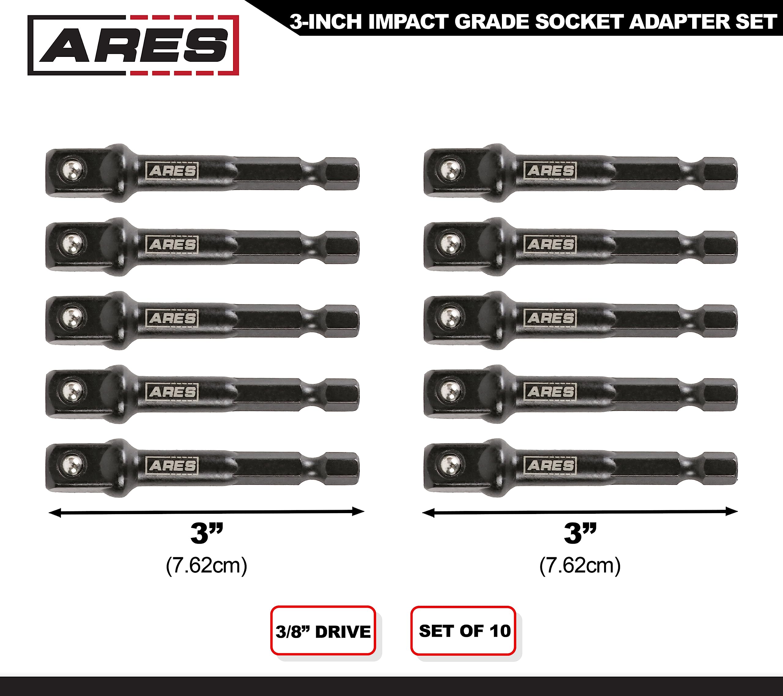 ARES 70387-10-Piece 3/8-Inch Drive 3-Inch Impact Grade Socket Adapter Set - Turns Impact Drill Drivers into High Speed Socket Drivers
