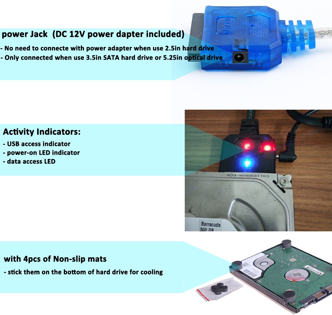 DTech Slim USB to Hard Drive Cable HDD SSD 3.5 2.5 Inch 22 pin SATA to USB 2.0 Adapter with Power Supply LED Indicators External Converter for Laptop Desktop Computer SATAIII Disk Data Transfer