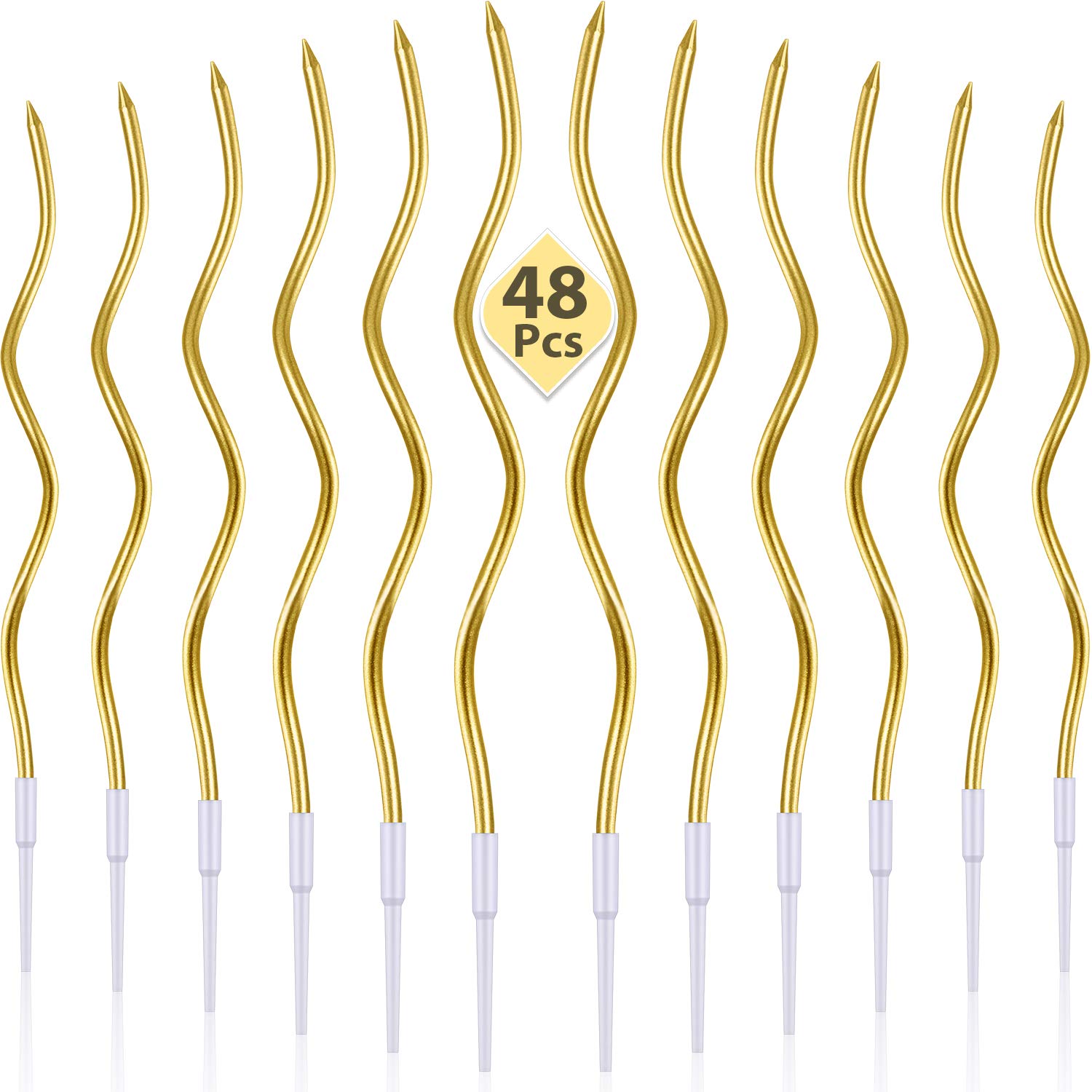 BBTO 48 Pieces Twisty Birthday Candles Spiral Cake Candles with Holders Metallic Cake Cupcake Candles Long Thin Curly Coil Cake Candles for Birthday, Wedding Party and Cake Decoration (Metallic Gold)