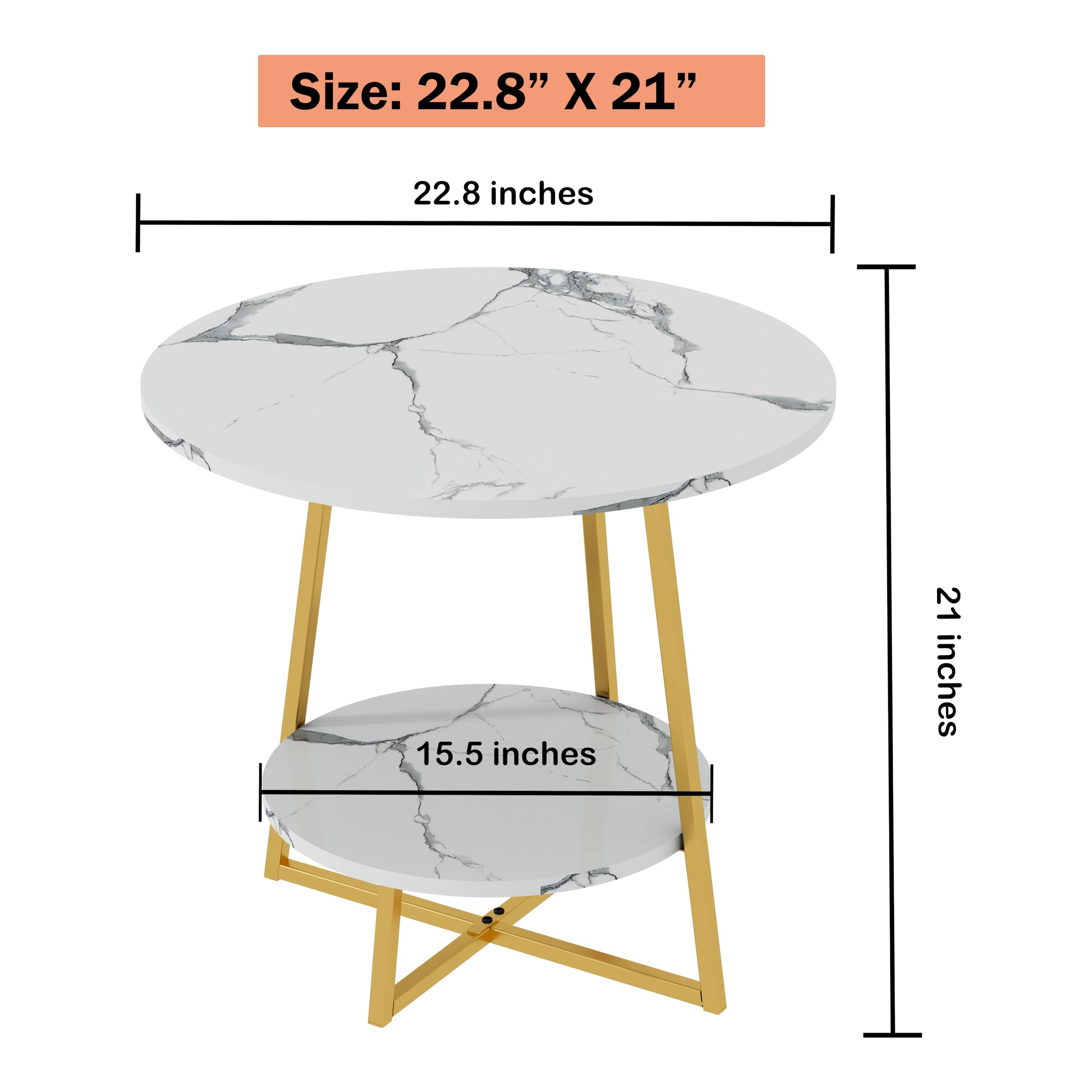 Lamhorm 2 Tier Small Round Side Table, Wooden End Table with Storage Shelf, Modern Coffee Table with Gold Metal Frames for Living Room, Bedroom and Any Small Spaces 22.8β