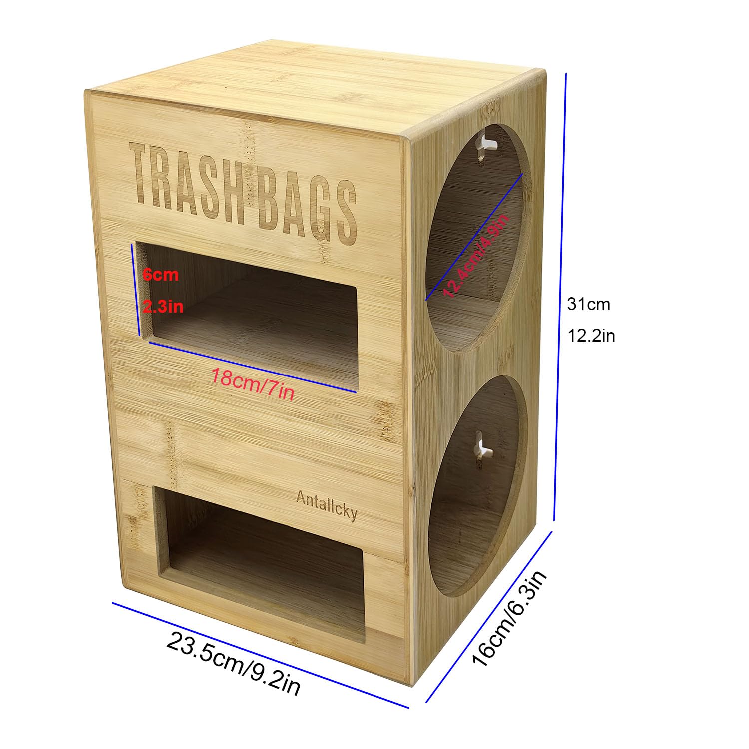 Antallcky Bamboo Trash Bag Dispenser Roll Holder 13 Gallon 2 Rooms,Garbage Bag Storage Dispenser Organizer Wall Mount or Under Sink for 2 Rolls of Plastic Bags(Up to About 160 Bags)