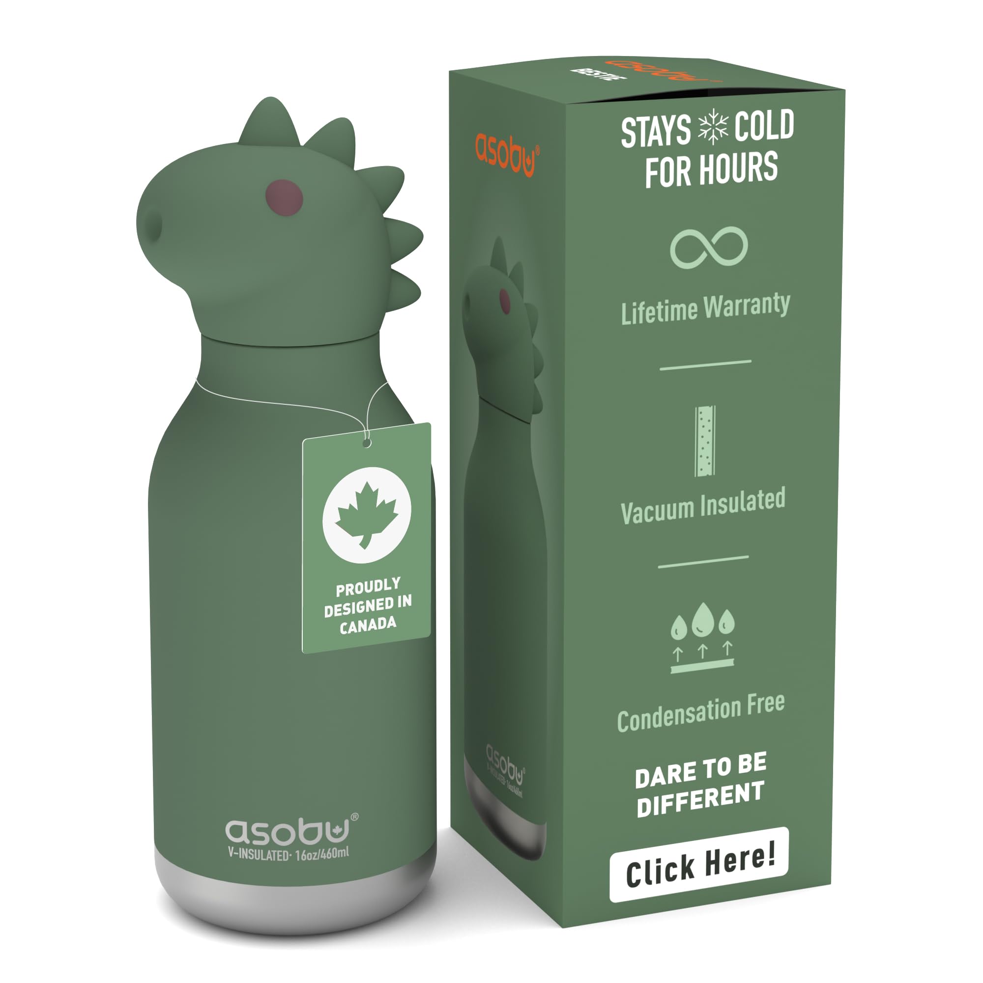 asobu Bestie Bottle Insulated Stainless Steel Water Bottle with Detachable Soft Animal Head Fun Drinking for Kids and Teens with Flexible Reusable Straw 16 Ounce (Dinosaur)