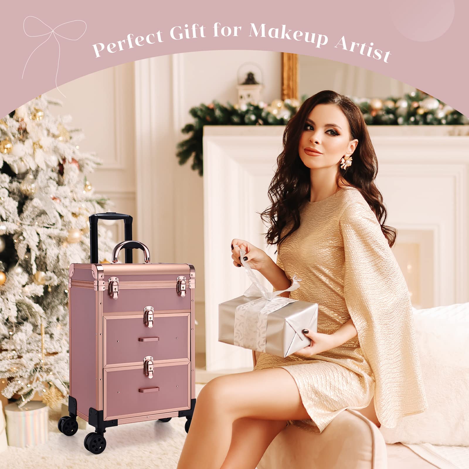 Adazzo Professional Rolling Makeup Train Case with Drawers, Large Cosmetic Trolley with Locks, Cosmetics Storage Organizer Make up Case for Travel Makeup/Nail Art/Hair Styling, Matte Gold