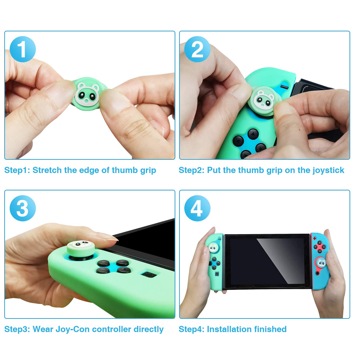 6amLifestyle 4 Pack Thumb Grip Caps with 2 Pack JoyCon Silicone Cover for Nintendo Switch, Blue& Green Joy-Con Controller Gel Guards with Raccoon Flower Cute Joystick Caps
