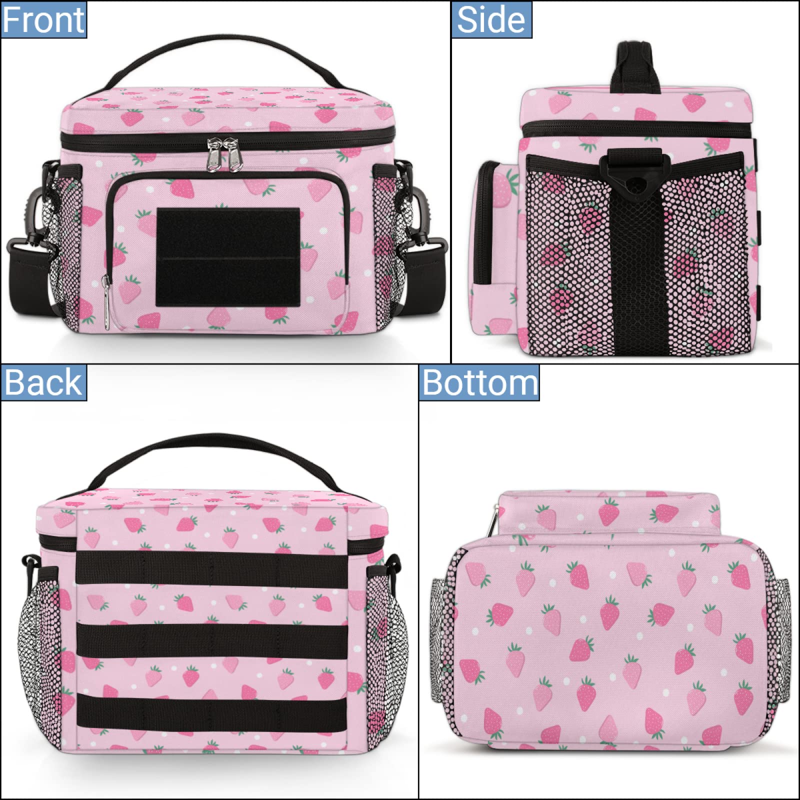 AUUXVA Cute Strawberry Tactical Lunch Bag for Men Women Adult Work Beach Picnic, Polka Dot Pink Lunch Box with Shoulder Strap Meal Prep Organizer Heavy Duty