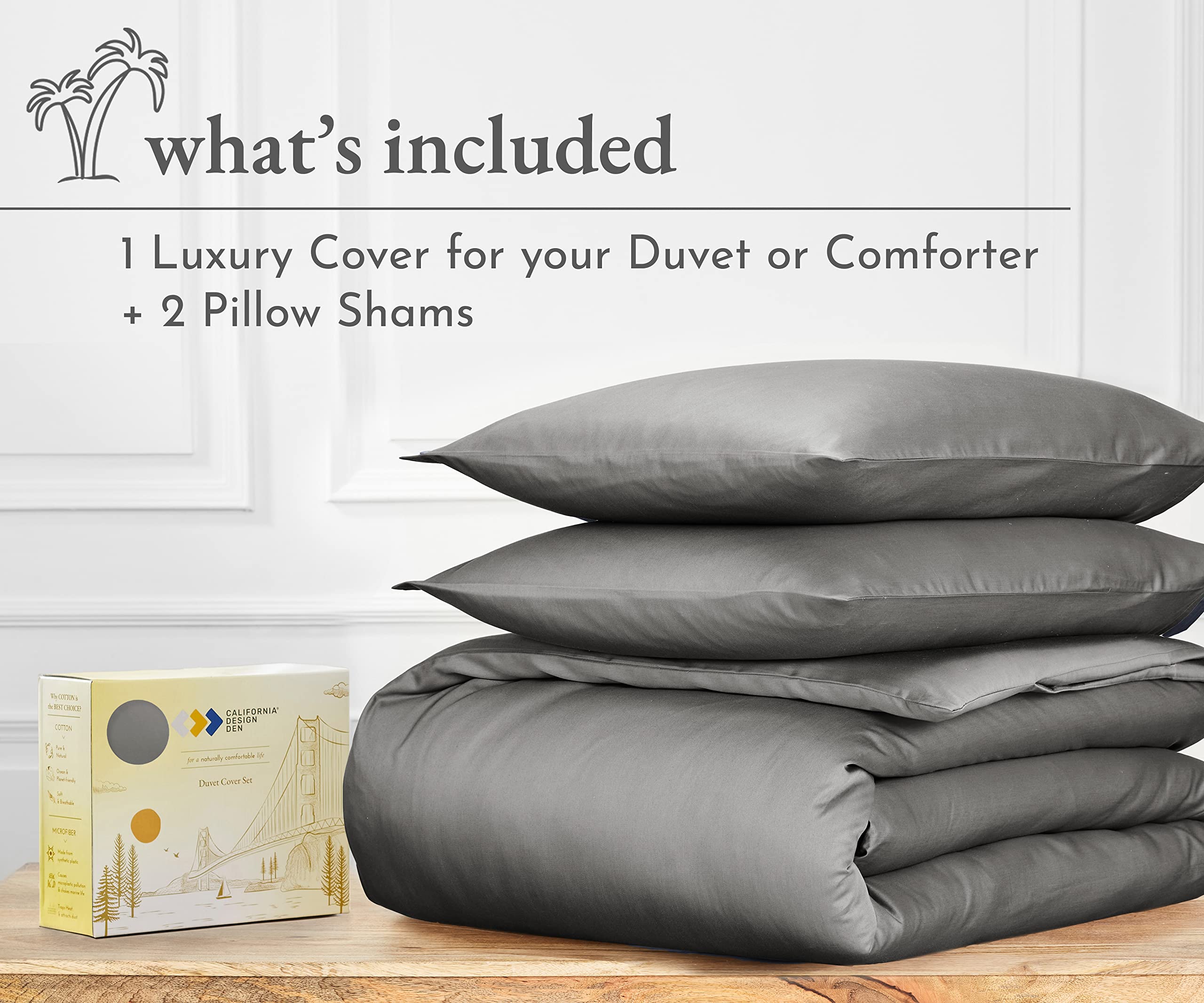 California Design Den Cotton Duvet Cover King Size, 3 Piece Slate Grey Bedding Set, 100% Pure Cotton Sateen Weave, 400 Thread Count Comforter Cover & Two Pillow Shams with Button Closure, Corner Ties