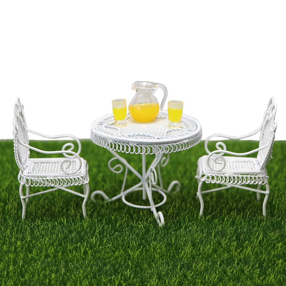 Dollhouse Miniature Bistro Table & Chairs Set Accessories Metal 1:12 Scale Miniatures White Coffee/Tea Furniture Fairy Garden Cute Rustic Elegant Decorations Ornaments (A)