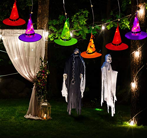 XTF2015 Halloween Decorations Outdoor, Upgraded 8pcs Hanging Lighted Glowing Witch Hat Lights, 44FT 104LED Waterproof Halloween Light for Outdoor,Garden, Trees, Party Decorations