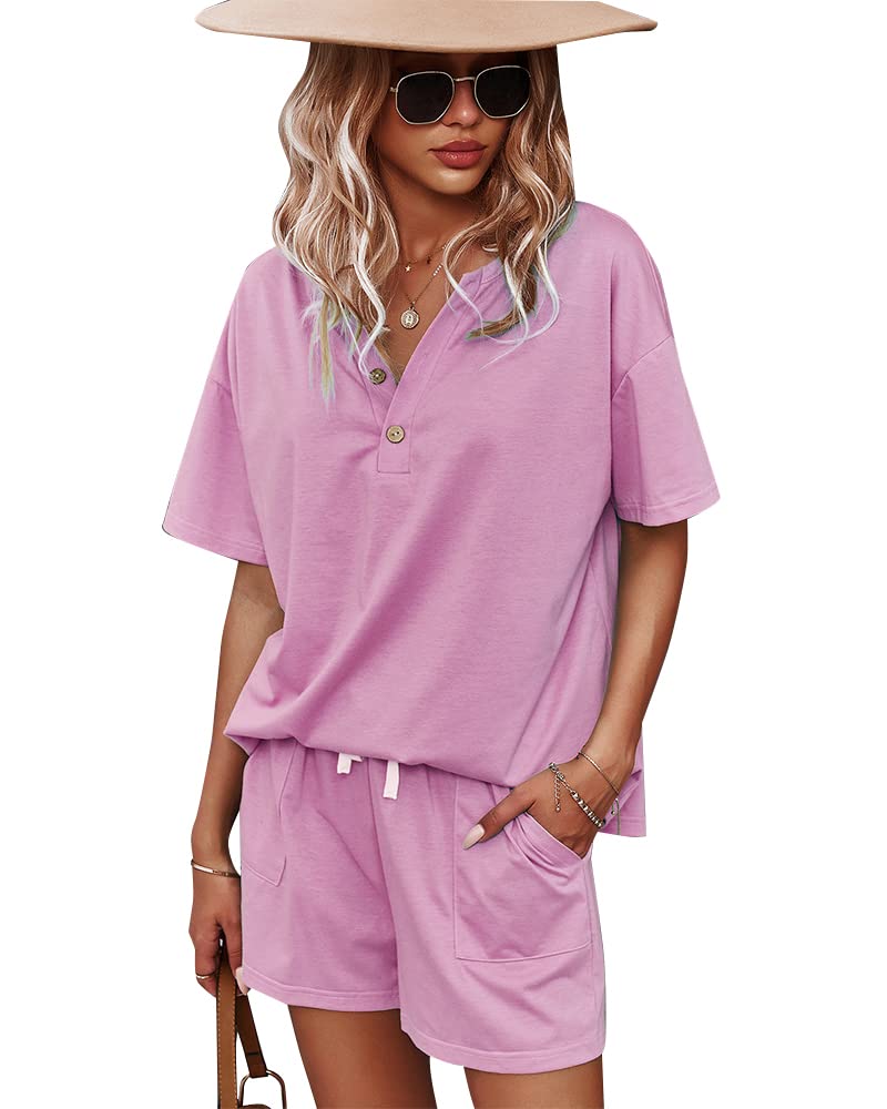 ADDHEAT Women's Summer Sets Short Sleeve Top and Shorts 2 Piece Tracksuit Outfits Lotus M