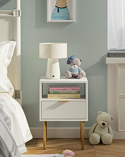 AEPOALUA Nightstand,Small Bedside Table with Gold Frame,White Night Stand,Bedside Furniture,Side Table with Drawer and Shelf for Bedroom,Living Room