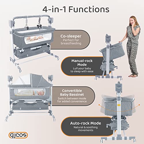 GJCOS Electric Rocking Bedside Bassinet (Grey) - 4 in 1 Automatic Swaying Mesh Baby Bassinet Bedside Sleeper with 5 Swing Motions, 3 Timer Setting & Bluetooth Music Control - Co Sleeper Bassinet