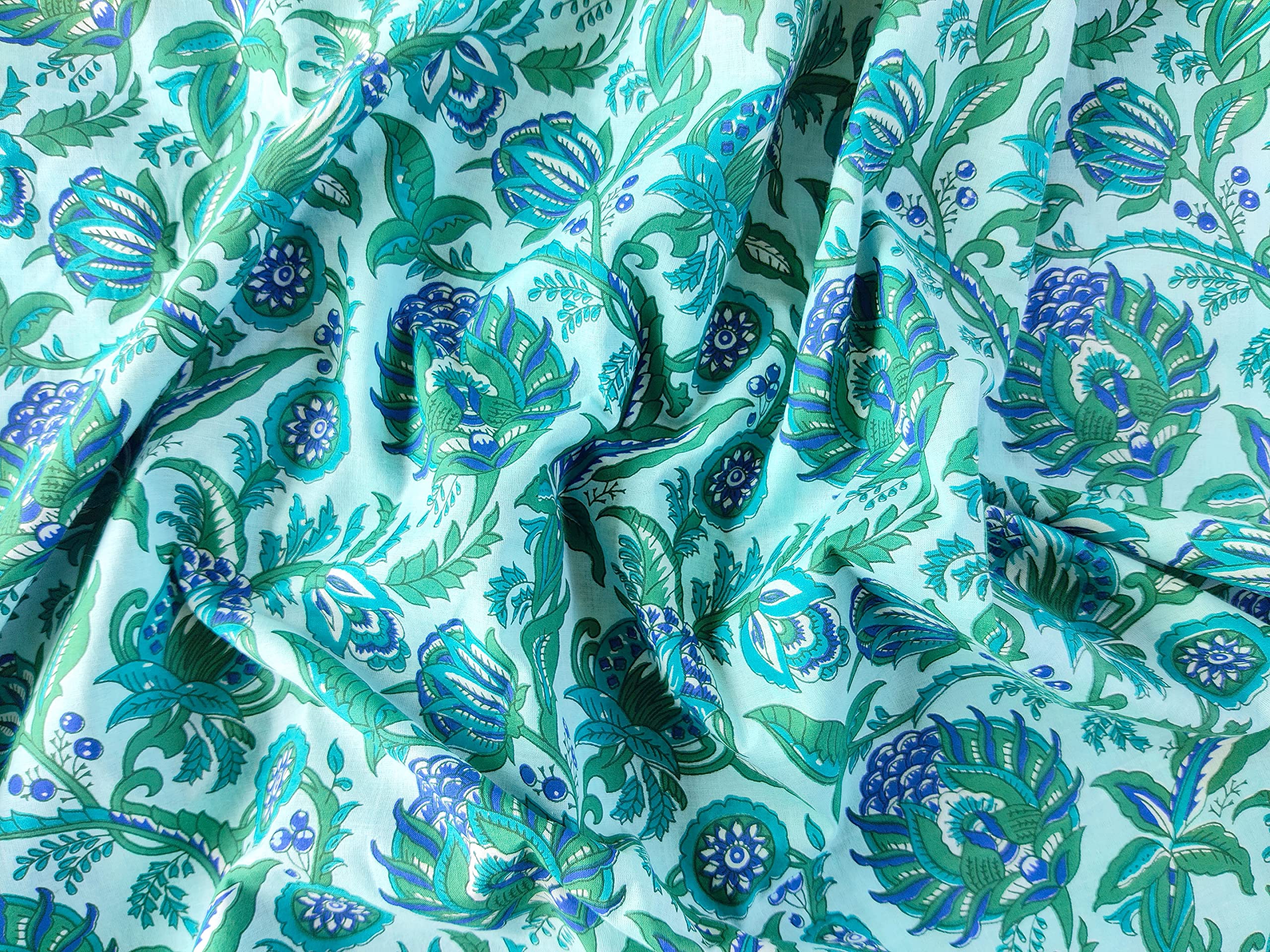Craftbot Hand Block Print Fabric by The Yard - PRECUT 3 Yards 42 inch Width - 100% Cotton Material - Green Floral Pattern - Light Weight Indian Cloth for Making Kurti Summer Dress Salwar Kameez etc